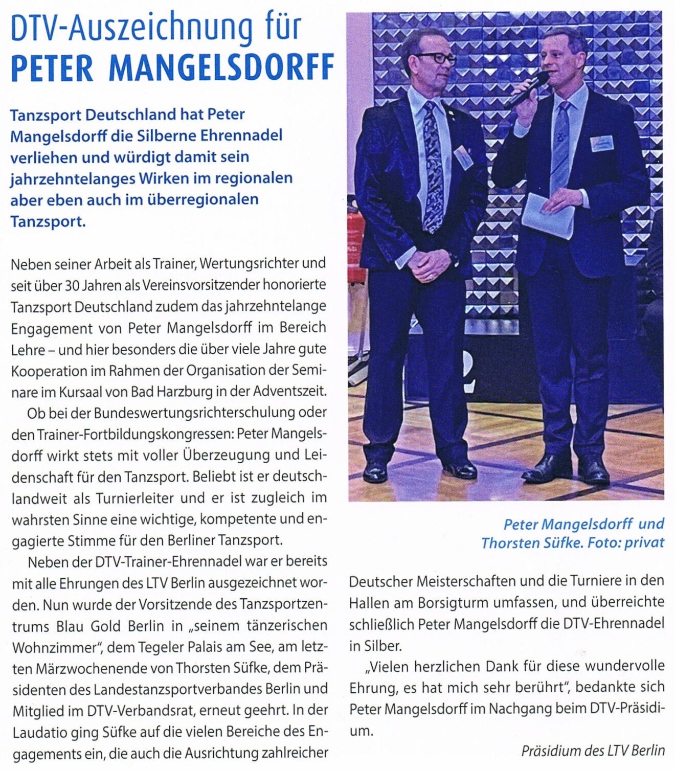 Silberne DTV Ehrennadel für Peter Mangelsdorff – TSZ Blau Gold